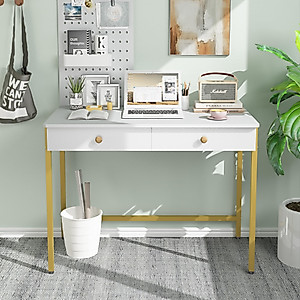 Weehom Computer Desk with Drawers, Home Office Desk for Writing, Studying, and Gaming - Sturdy and Spacious Workstation for PC and Laptop(White and Gold)