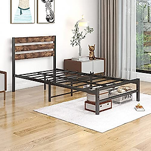 VERFARM Platform Twin Metal Bed Frame with Rustic Vintage Wood Headboard, Mattress Foundation, Strong Metal Slats Support, No Box Spring Needed