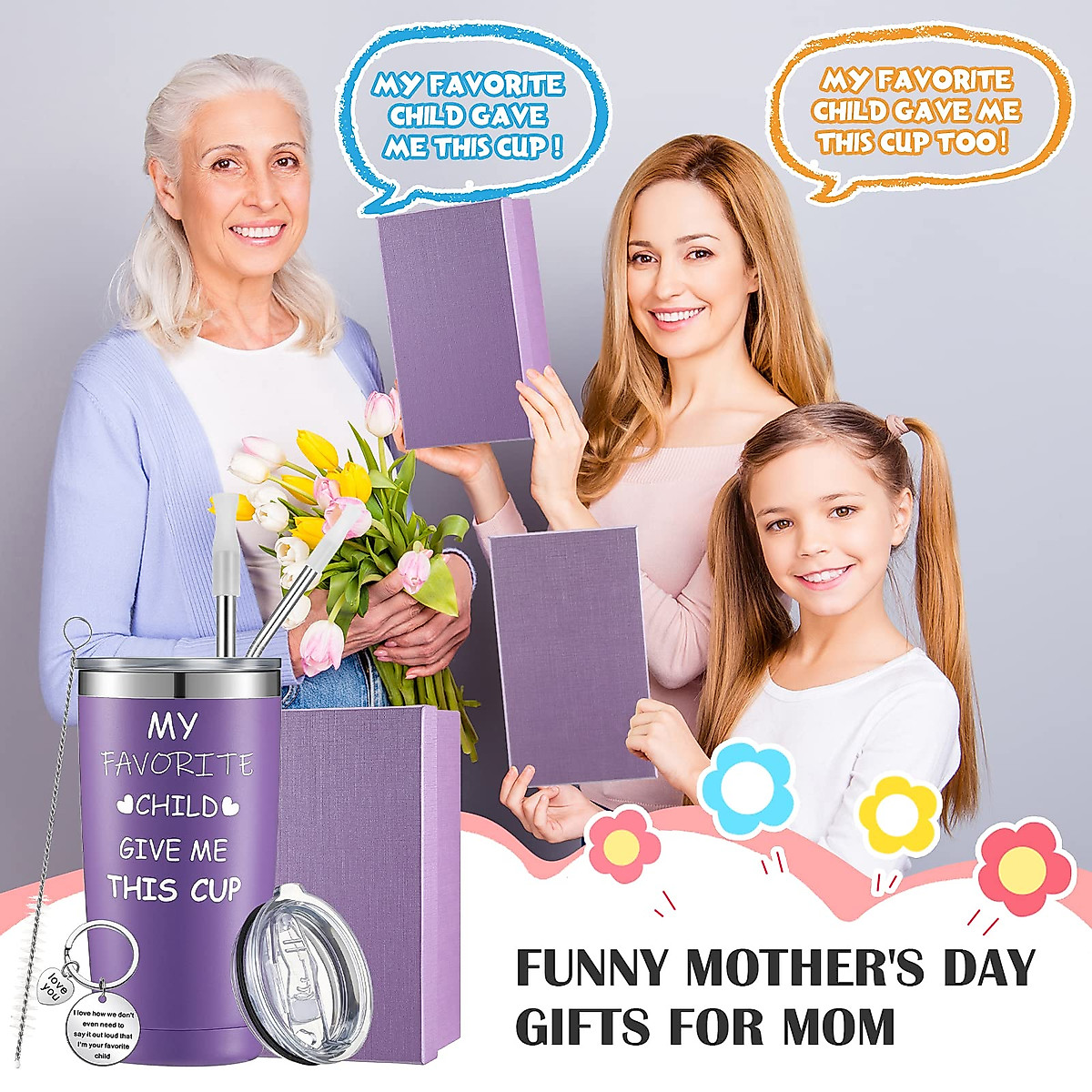 Panitay 7 Pcs Funny Mother's Day Gifts for Mom 20 oz My Favorite Child Give Me Travel Tumbler with Lid Straw Brush Inspirational Mother Keychain Gift Box from Daughter Son (Purple)