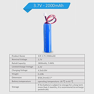 AUDEEKON 3.7Volt Lipo Battery 2000mAh Rechargeable Battery Pack with Wire and JST Connector, ICR18650 Battery 2000mah 3.7v Replacement Batteries for Electronics, Toys, Lighting, Equipment
