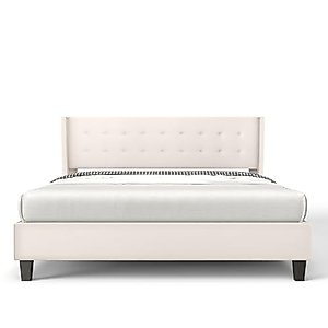 BONSOIR Bed Frame Upholstered Traditional Low Profile Platform with Wing Back Headboard/No Box Spring Needed/No Bed Skirt Needed/Linen Fabric Upholstery/Sand (Cream, Queen Size)