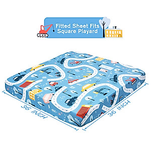 Cloele Square Playard/Playpen Fitted Sheets Perfect for 36 X 36 Portable Playard Mattresses - Square Pack and Play Crib Sheets - Ultra Soft Polyester Blue Car Fitted Playpen Sheet for Baby