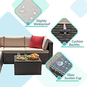 Flamaker 5-Piece Patio Furniture Set - Outdoor Wicker Sectional Sofa with Thick Cushions & Tempered Glass Table - Ideal for Deck, Porch, Terrace (Beige)