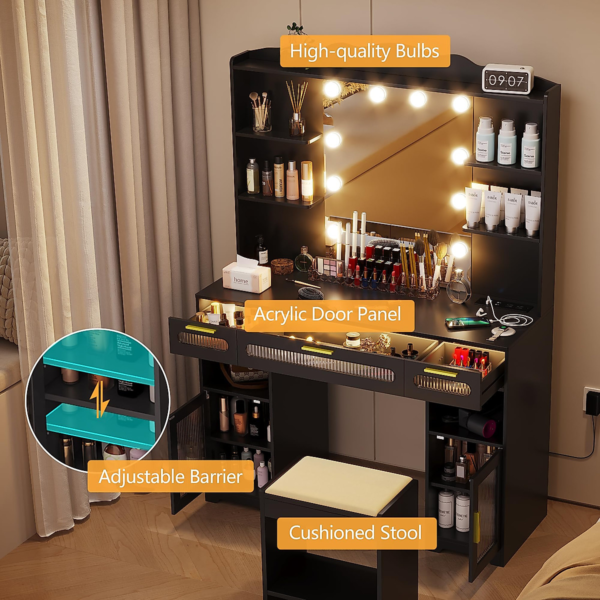 Vlsrka Black Vanity Desk with Mirror and Lights, Makeup Vanity Set with Charging Station, Power Strip, Vanity Table with Hollywood Mirror and Chair, 3 Colors Lighting Modes