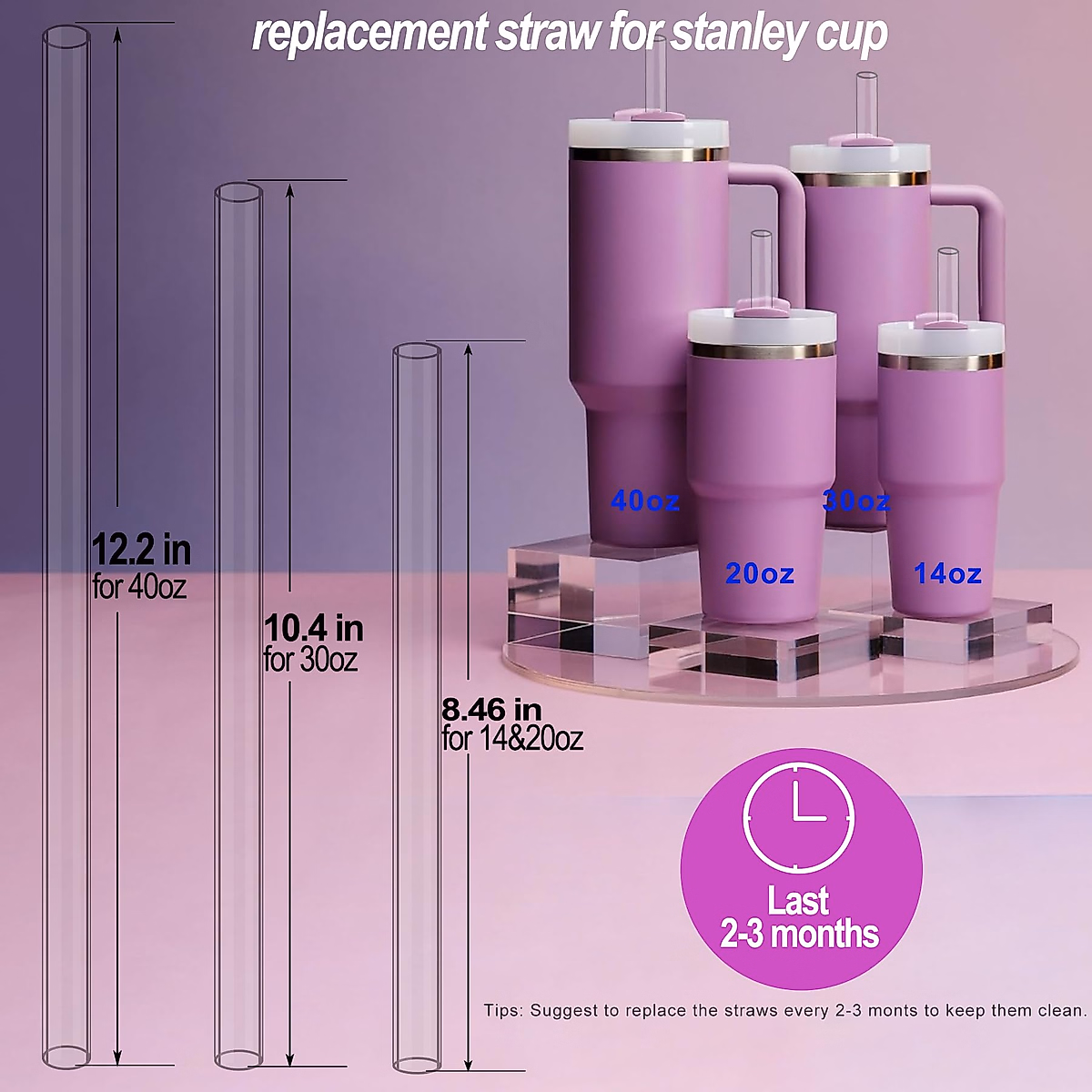 Straws for Stanley Cup, Straw for Stanley Cup 40 OZ, Replacement Straw for Stanley 40oz Tumbler, Tritan Straws with Straw Cleaner, 6Pack