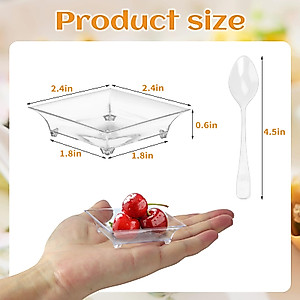 GothaBach 100 Sets 2.4'' Mini Dessert Plates with Tasting Spoons, Clear Disposable Mini Plastic Tray, Mini Square Plastic Dish for Sauce, Dessert, Fruit or Appetizer