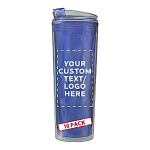 Personalized 20 oz. Double Wall Plastic Travel Mugs - 10 Pack - Custom Text, Logo - Blue