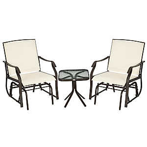 Outsunny 3 Piece Outdoor Glider Chair with Coffee Table Bistro Set, 2 Patio Rocking Swing Chairs with Breathable Sling Fabric, Glass Tabletop, for Backyard, Garden and Porch, Cream White