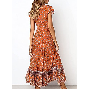 ZESICA Women's 2025 Bohemian Floral Printed Wrap V Neck Short Sleeve Split Beach Party Maxi Dress,Tangerine,Large