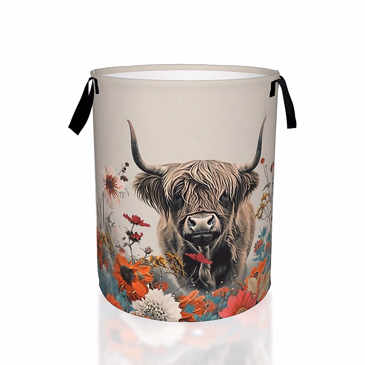 Highland Cow with Flowers Laundry Basket,Waterproof Laundry Hamper,Collapsible Organizer Basket for Storage Bin Toy Bins, Dirty Clothes Laundry Basket for Living Room/Bathroom/Bedroom