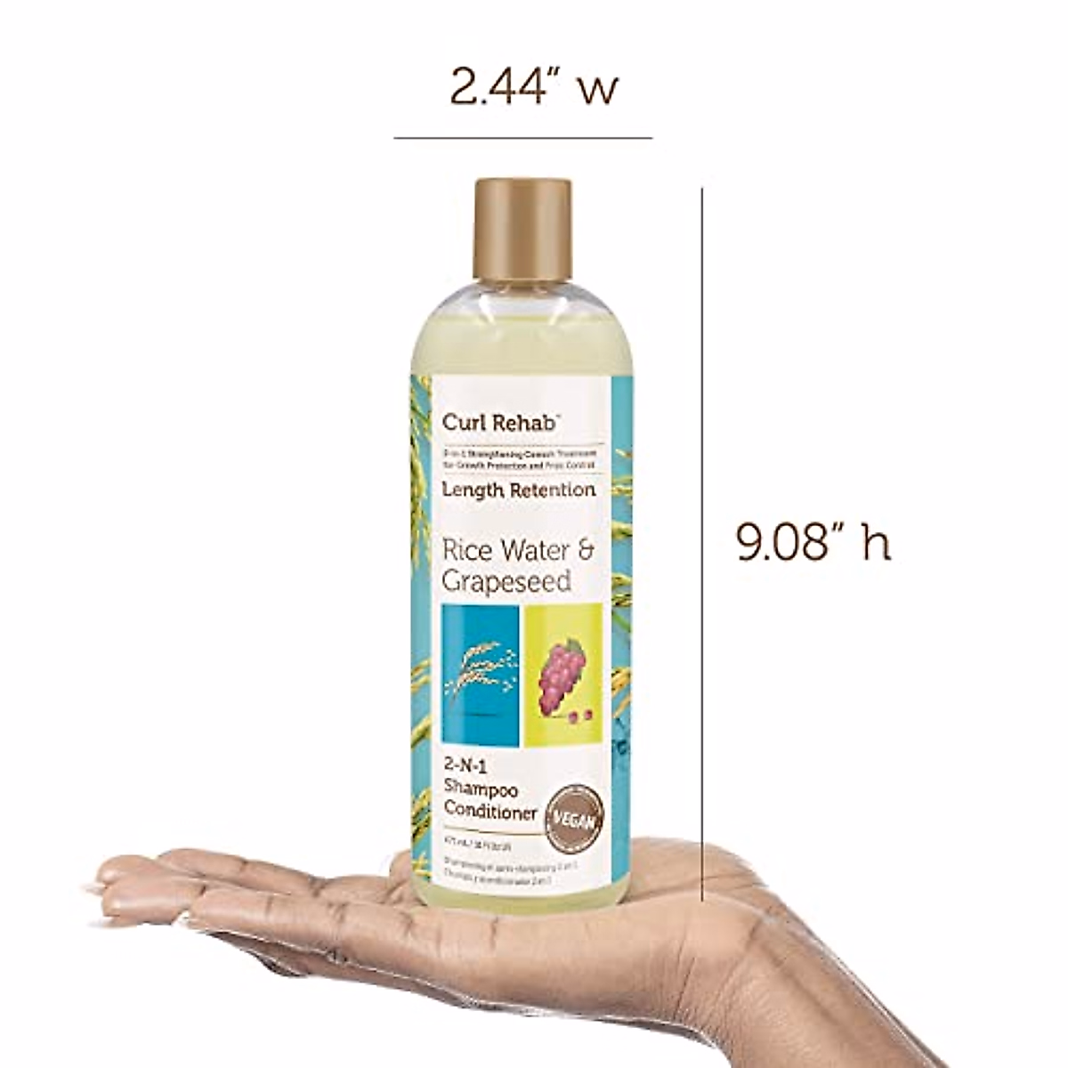 Curl Rehab Length Retention/Strength Treatment 2 in 1 Shampoo Conditioner (3 Pack), Enriched with Rice Water & Grapeseed, For Hair Growth, Protection & Frizz Control, 16 Oz