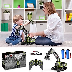 kolegend 11 Channel Remote Control Excavator Toy Truck, 1/18 Scale RC Toys Excavator Construction Vehicles for Boys Girls Kids RC Tractor with Lights Rechargeable Battery