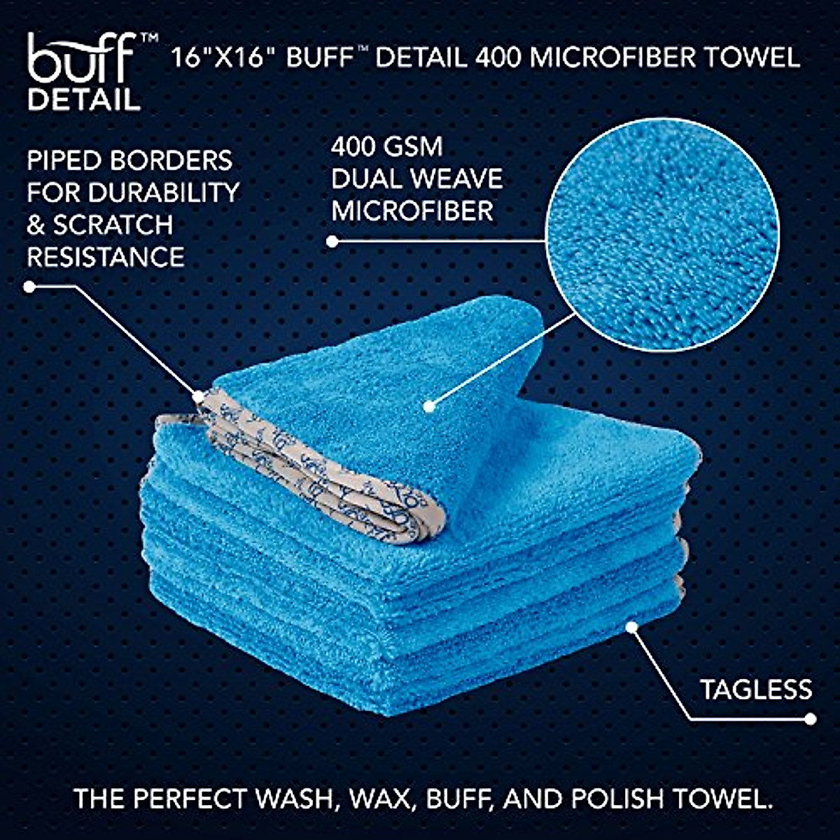 MW Pro Microfiber Car Towels (16"x 16") | 400 GSM | 80/20 Blend | Tagless | Soft Satin Piped Edges | All-Purpose Auto Detailing - Wax, Buff, Polish, Wash, Dry | 6 Pack (Blue)