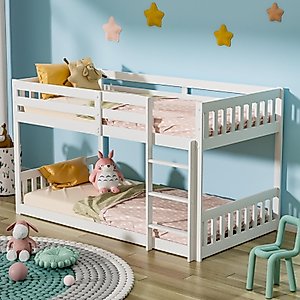 JOYMOR Solid Wood Low Twin Over Twin Bunk Bed for Kids/Toddlers/Junior, Bunk Bed Frame with Guardrails & Ladder for Boys Girls, No Box Spring Needed, White