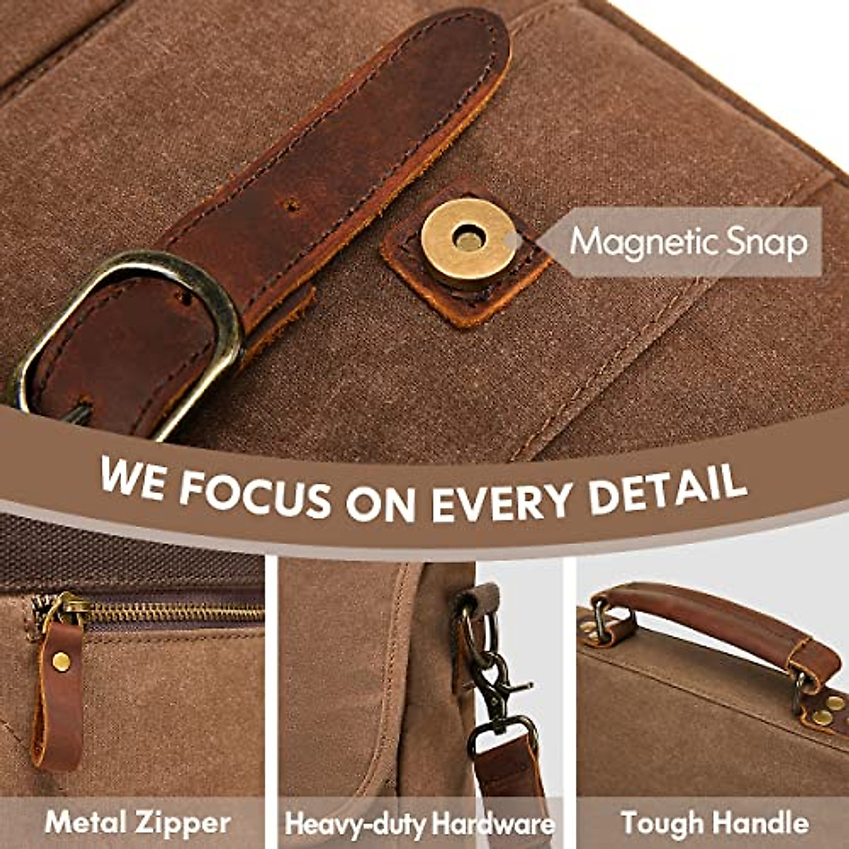 Mens Messenger Bag 15.6 Inch Waterproof Vintage Genuine Leather Waxed Canvas Briefcase Retro Office Computer Laptop Bag Large Satchel Shoulder Bag for Men Women, Brown