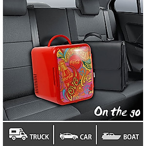 Coca-Cola Peace 1971 Series Portable 6 Can Thermoelectric Mini Fridge Cooler/Warmer, 4 L/4.2 Quarts Capacity, 12V DC/110V AC for home, dorm, car, beverages, skincare, cosmetics, medication