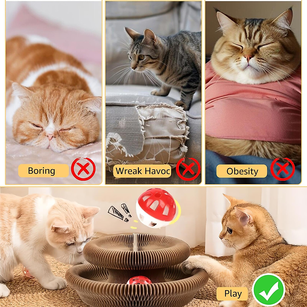 Cat Toy, Magic Organ Cat Scratch Board Compact Cat Accordion Toy, Cardboard Cat Toys, Interactive Scratch Pad Cat Toy with Toy Bell Ball