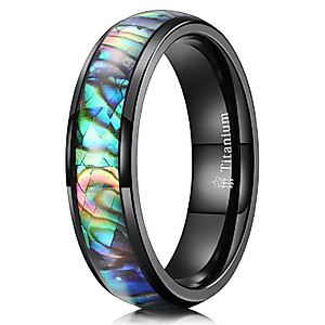 THREE KEYS JEWELRY Womens Titanium Carbide Abalone Shell Inlay Unisex Wedding Bands Rings for Women 6mm Comfort Fit Vintage Silver size 10.5A size 10.5