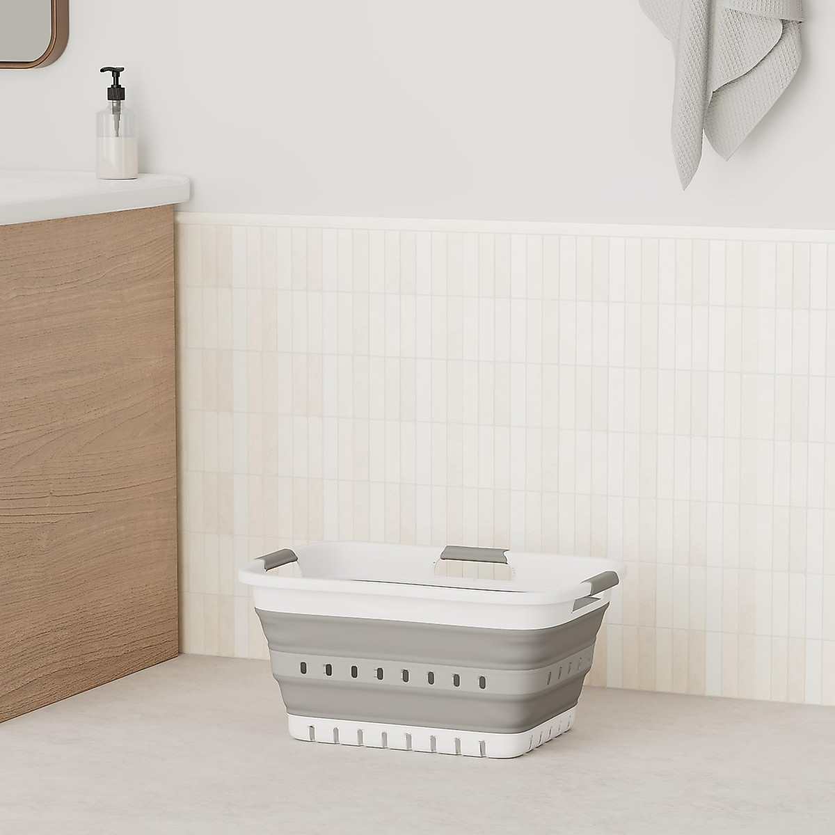 SAMMART 30L (8 gallon) Collapsible 3 Handled Plastic Laundry Basket - Foldable Pop Up Storage Container/Organizer - Space Saving Hamper/Basket (White/Grey)