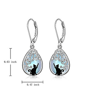 Cat Earrings Moonstone Filigree Earrings for Women Sterling Silver Teardrop Moonstone Black Cat Earring Dangle Cats Jewelry Cute Valentines Christmas Gifts
