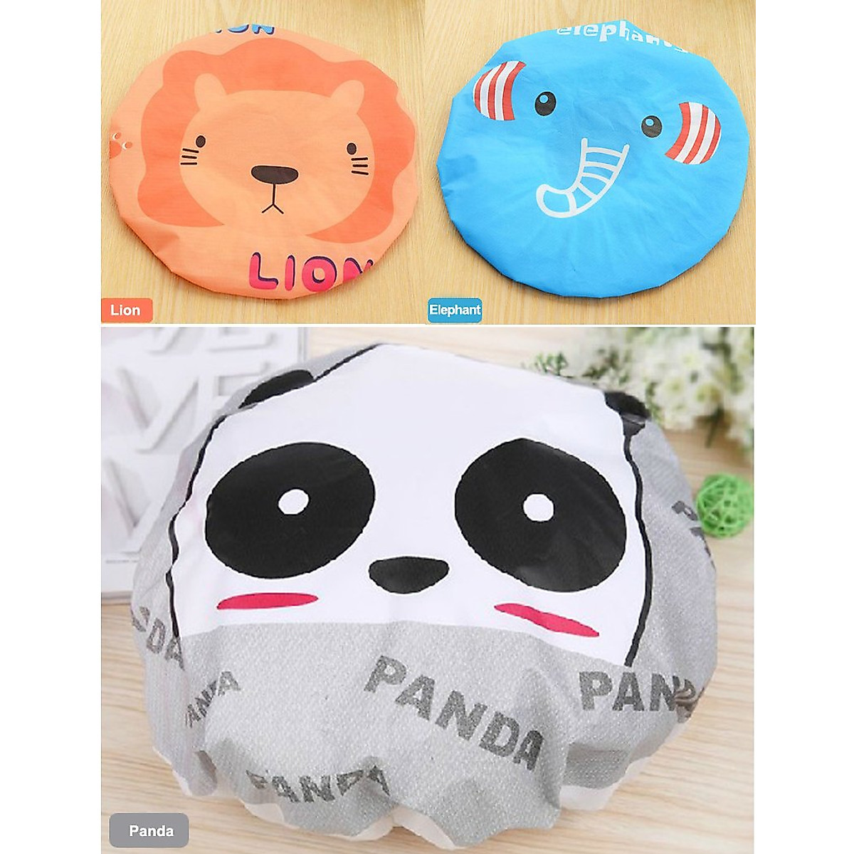Fast and Good Cute Cartoon Waterproof Elastic Shower Cap Bath Cap for Women and Girls and Kids,Pack of 3 Pcs(Panda+Elephant+Lion)