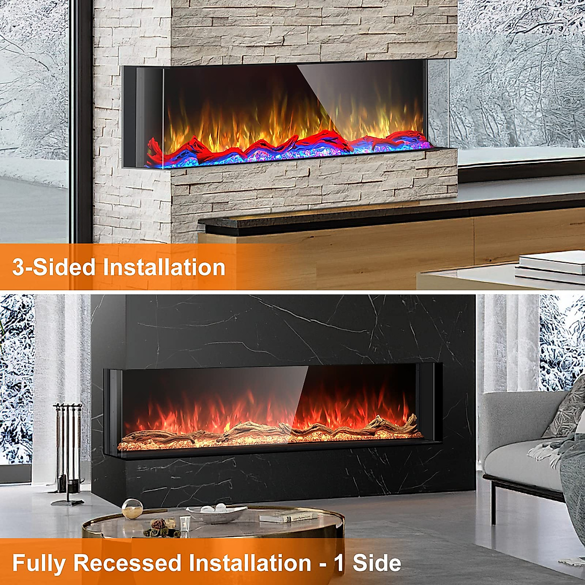 Cosmopolitan Fireplaces Phoenix Omnivue Series 68 inch 3 Sided Electric Fireplace Insert, Smart Wi-Fi Wall Mount/Built-in Fireplaces, 251 Realistic Flames, Low Noise 3000/1500Watt Fireplace Heater