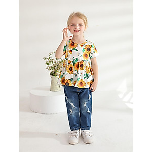 Derouetkia Girls Clothes Outfits Toddler Infant Baby Girl Short Sleeve Floral Ruffle Tops Ripped Jeans Pants Sets (2-3T) Yellow