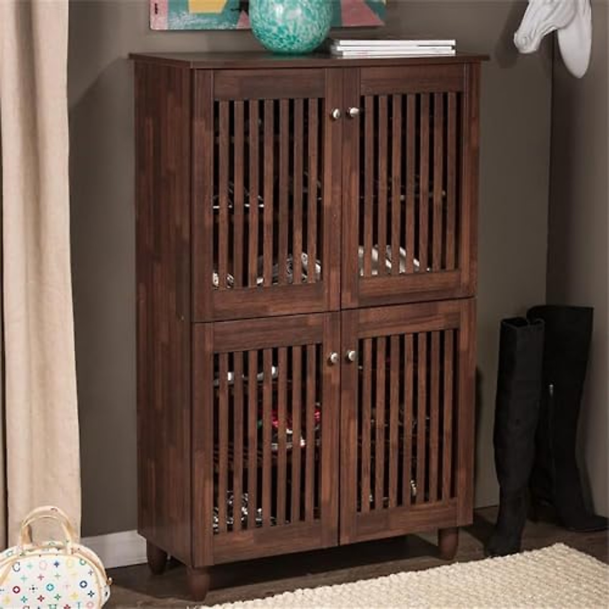 Baxton Studio Fernanda Modern and Contemporary 4-Door Oak Brown Wooden Entryway Shoes Storage Tall Cabinet