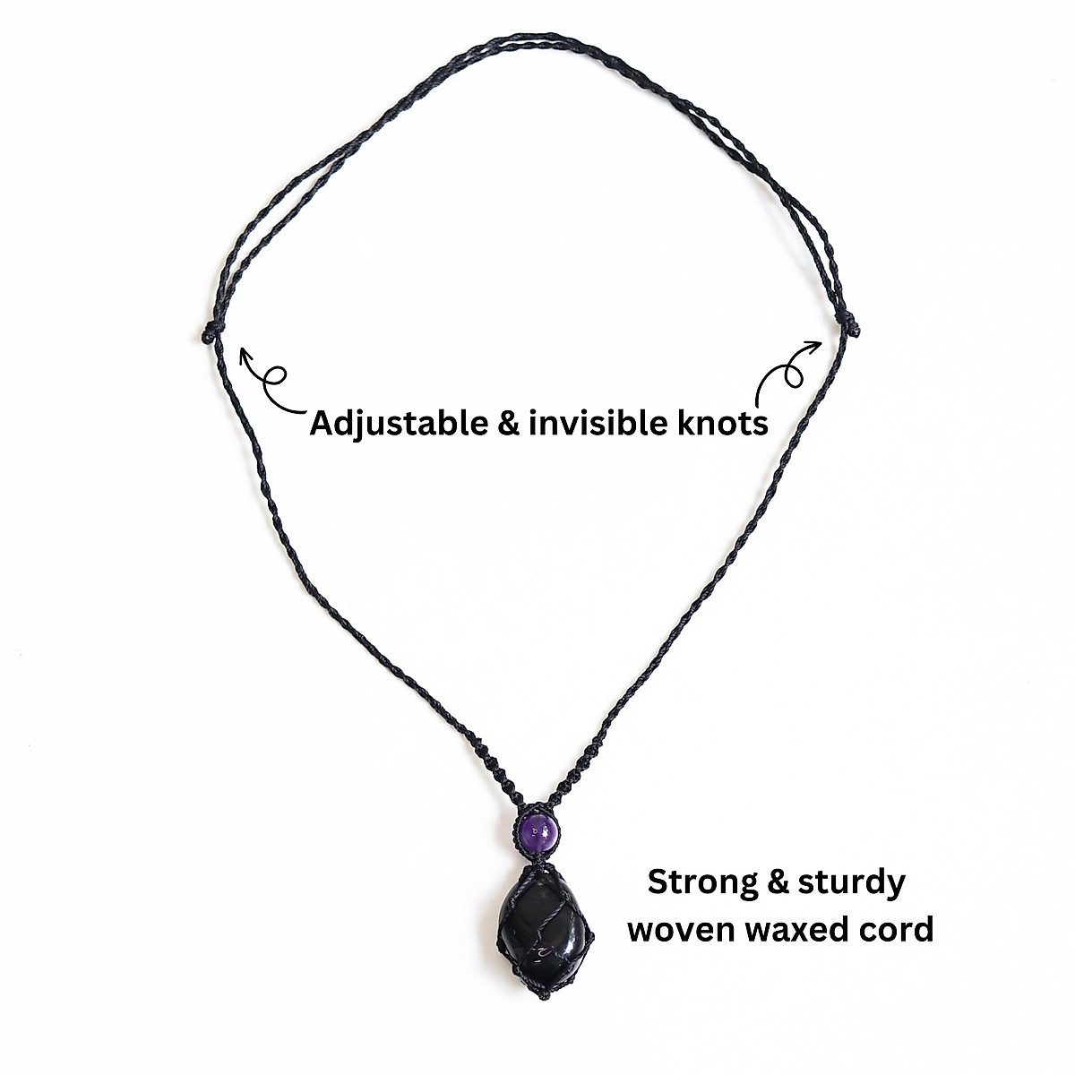 CrystalsMacrame Black Obsidian and Amethyst crystal necklace for protection and healing, handmade necklace with 2 stones pendant jewelry for women men teen girls boys