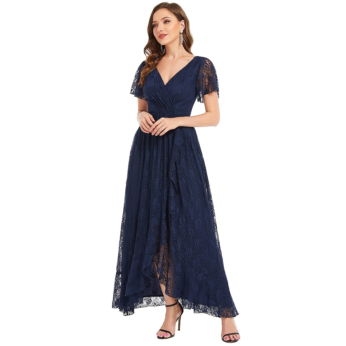 Ever-Pretty Women's Lace V Neck Ruffles Sleeves Pleated Empire Waist A-Line Maxi Formal Dresses Navy Blue US14