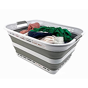 SAMMART 42L (11 Galloons) Collapsible Plastic Laundry Basket - Foldable Pop Up Storage Container/Organizer - Portable Washing Tub - Space Saving Hamper/Basket [BPA Free] (White/Grey)