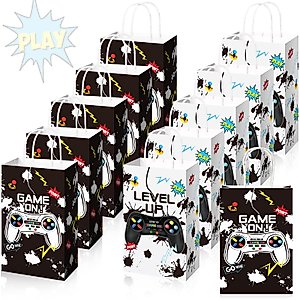 Crtiin 30 Pcs Video Game Gamer Gift Bags - Level Up Gaming Party Favors with Handle - Black & White