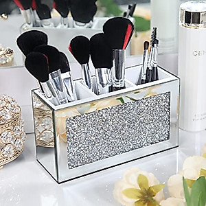 SHYFOY Mirrored Makeup Brush Holder Organizer, 3 Slot Glass Cosmetics Brushes Storage Holders with Crystal Crushed Diamond, Cute Pen and Pencil Holder for Desk, Eyeliners Display Case for Vanity