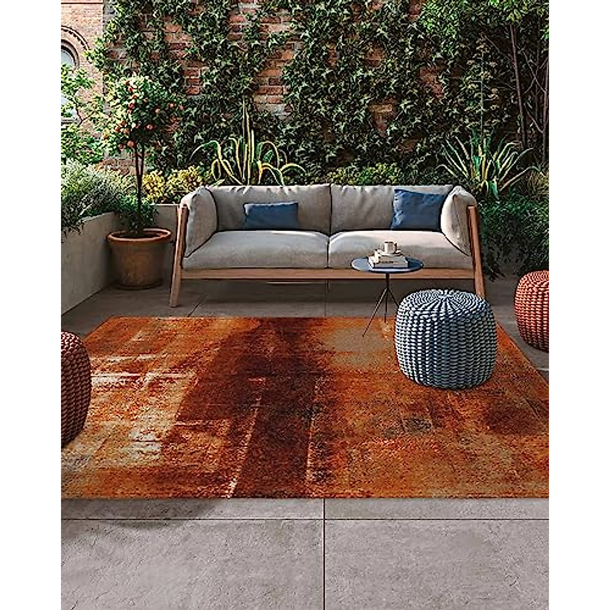 Burnt Orange Outdoor Rug for Patio/Deck/Porch, Modern Geometric Non-Slip Large Area Rug 5 x 8 Ft, Abstract Art Oil Painted Indoor Outdoor Rugs Washable Area Rugs, Reversible Camping Rug Carpet Runner