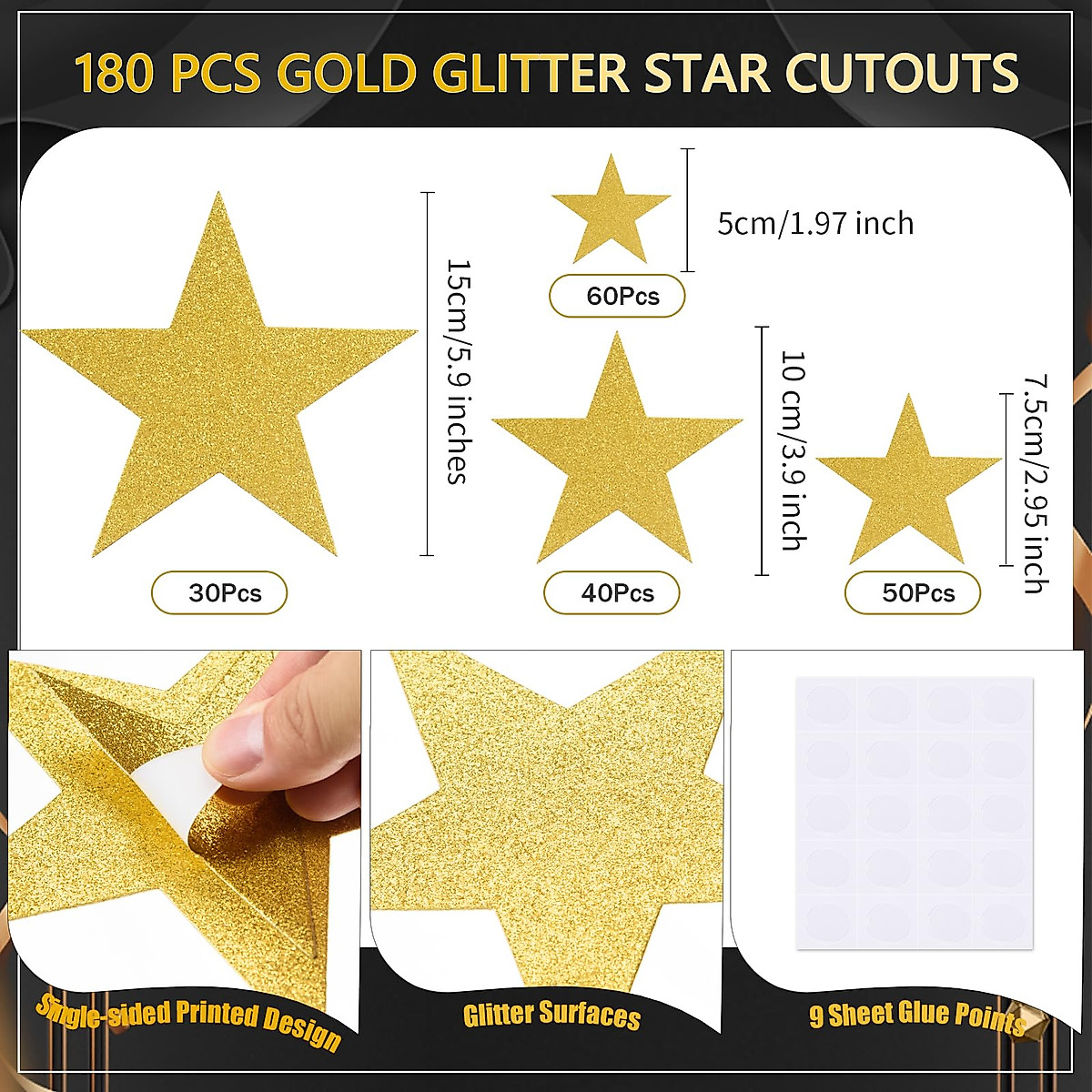 180 Pcs Gold Glitter Star Cutouts Paper Five Star Cutouts Gold Glitter Stars Confetti Decorations Gold Star Cutouts for Bulletin Board Stars Classroom Christmas Party Wall Decoration Supply,4 Sizes