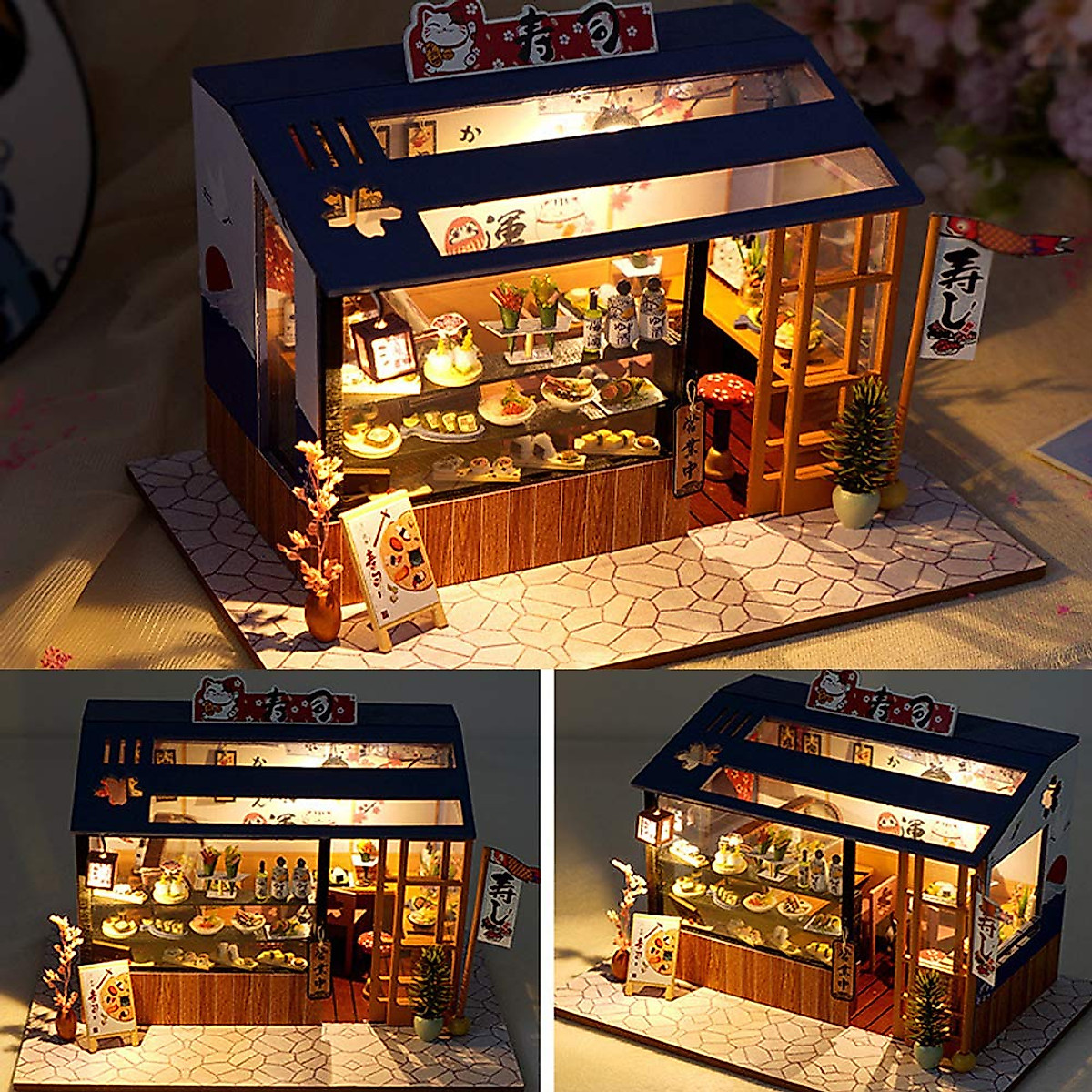 SYW Miniature Dollhouse with Furniture and LED Lights, Japanese Model Kit Wooden Dollhouse, 1:24 Scale Wooden Handmade Building Model Puzzle Toy(Sushi Shop)
