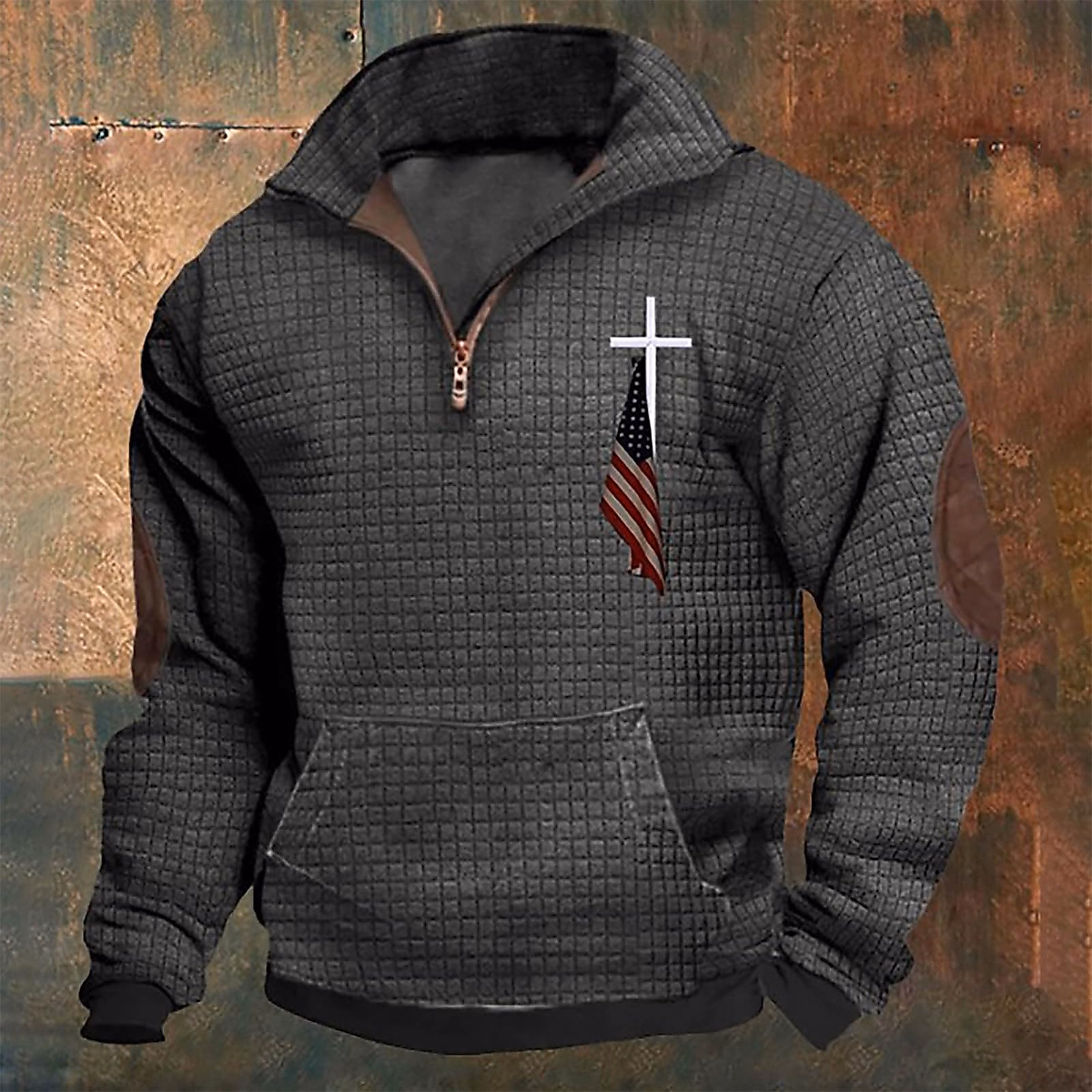 Parise T Shirts for Men 2023 Casual Waffle Qaurter Zip Polo Sweatshirts for Men USA Flag Logo Turtleneck Long Sleeve Sweater Coats with Pocket(Dark Gray,XX-Large)