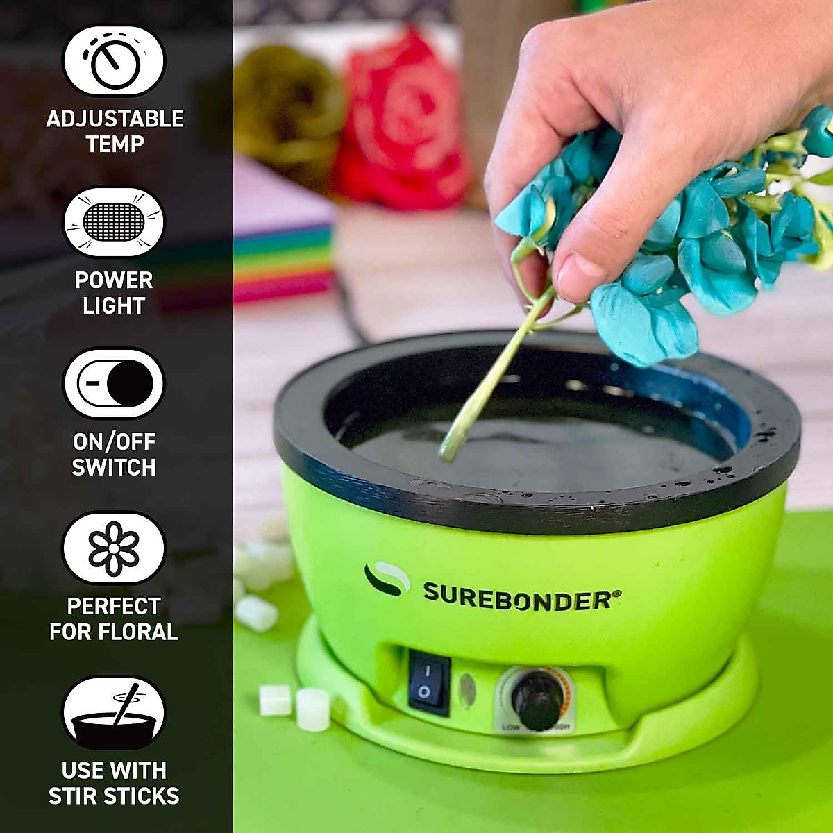 Surebonder Electric Hot Glue Skillet, Adjustable Temperature 225-400 F, 5-1/4" Diameter, 1-in Depth, Dip Crafts Directly Into Pot of Hot Glue (803)