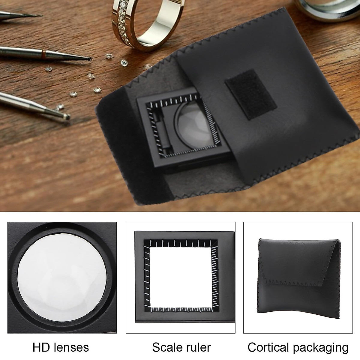 10X 28mm Mini Three-Folding Magnifier Zinc Alloy Pocket Magnifier Magnifying Glass with Scale for Textile Optical Jewelry Tool Pack of 5