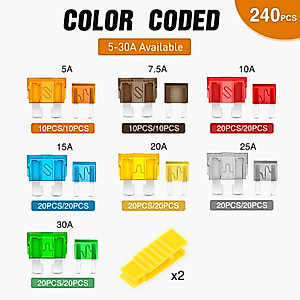 Nilight - 50018R 240pcs Standard and Mini Blade Fuses Set,5A 7.5A 10A 15A 20A 25A 30A ATC APR ATO ATS Standard and ATM APM Mini Automotive Blade Fuse Assortment Kit, Black/Sliver/Pink/Green