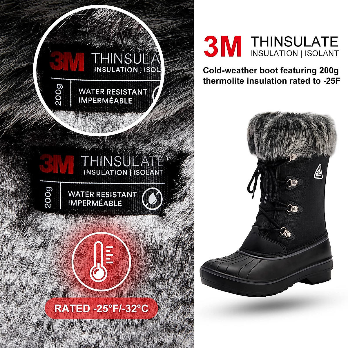 ALEADER Waterproof Snow Boots for Women, Warm Faux Fur Winter Duck Boots Shoes Black 9 B(M) US