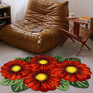 Abeigoi Sunflowers Rugs,Red Floral Thick Floor Carpet Handmade Absorbent Shaggy Rugs Sunflower Shaped Bath Rug for Bedroom Bathroom Shower/Doormat 27.5''x43.3''