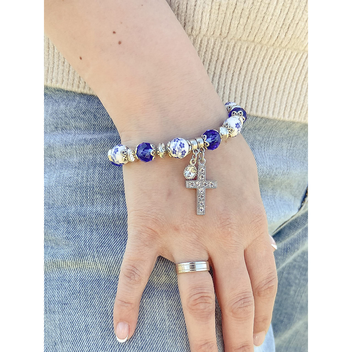Nazareth Store Handmade Crystallized Glass Beads Cross Bracelet with Ceramic Flower Beads Religious Christian Bangle for Women and Men (Blue)