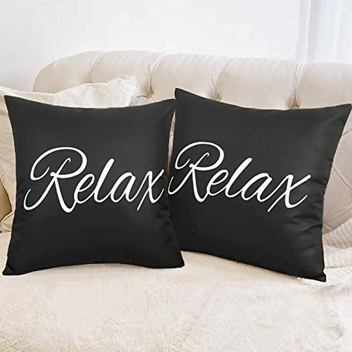 Pyonic Relax Outdooor Waterproof Throw Pillow Covers 18x18 Inch,Square Decorative Garden Cushion with Quotes & Sayings for Patiotent Couch Pack of 2,Black