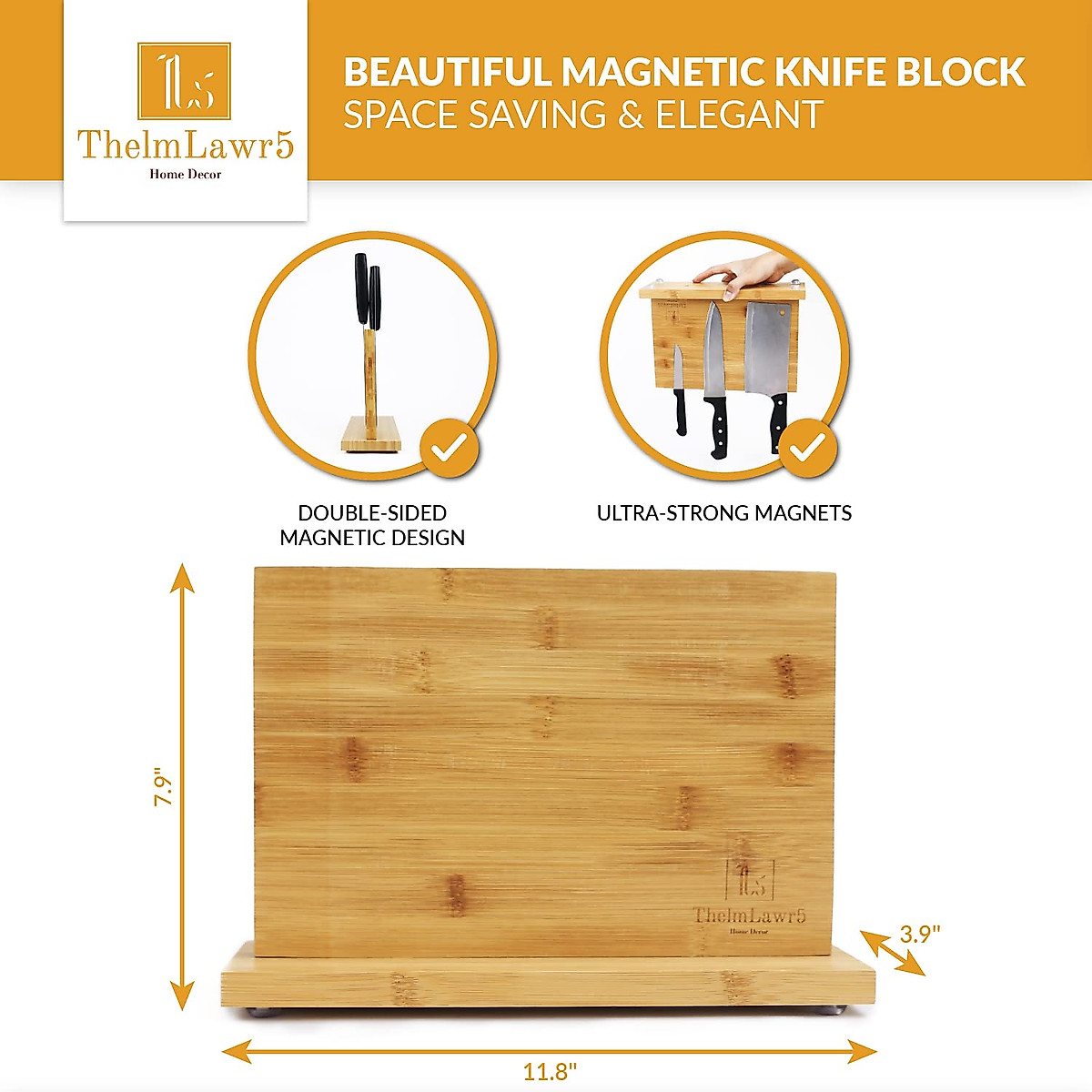 ThelmLawr5 Magnetic Knife Block (11.8" x 7.9") - Bamboo Kitchen Knife Holder with ultra-strong Magnets - Magnetic Knife Holder incl. Sharpening Stone