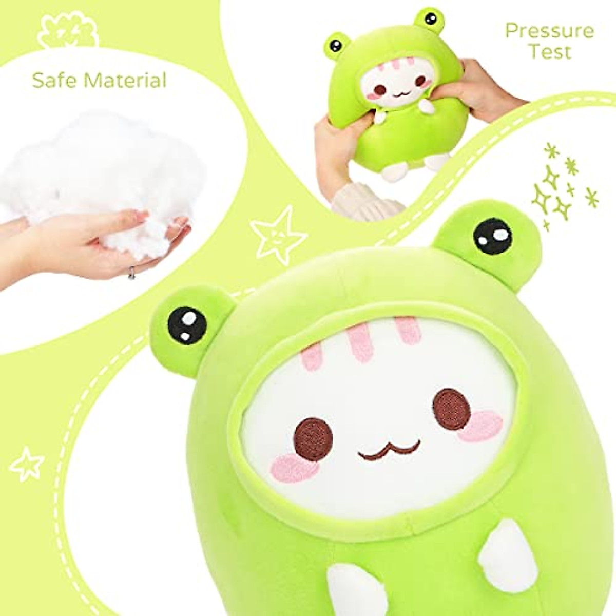 AIXINI Cute Cat Frog Plush Pillow 8" Kitten Frog Stuffed Animal, Soft Kawaii Cat Plushie with Frog Outfit Costume Gift for Kids