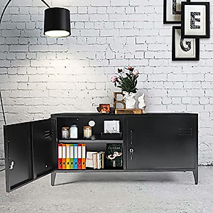HOPUBUY Metal Storage Cabinet with Lock, Steel Locker Cabinet with Removable Shelves and 2 Locking Doors, Black Storage Cabinets for Home, Garage, Office, Bedroom