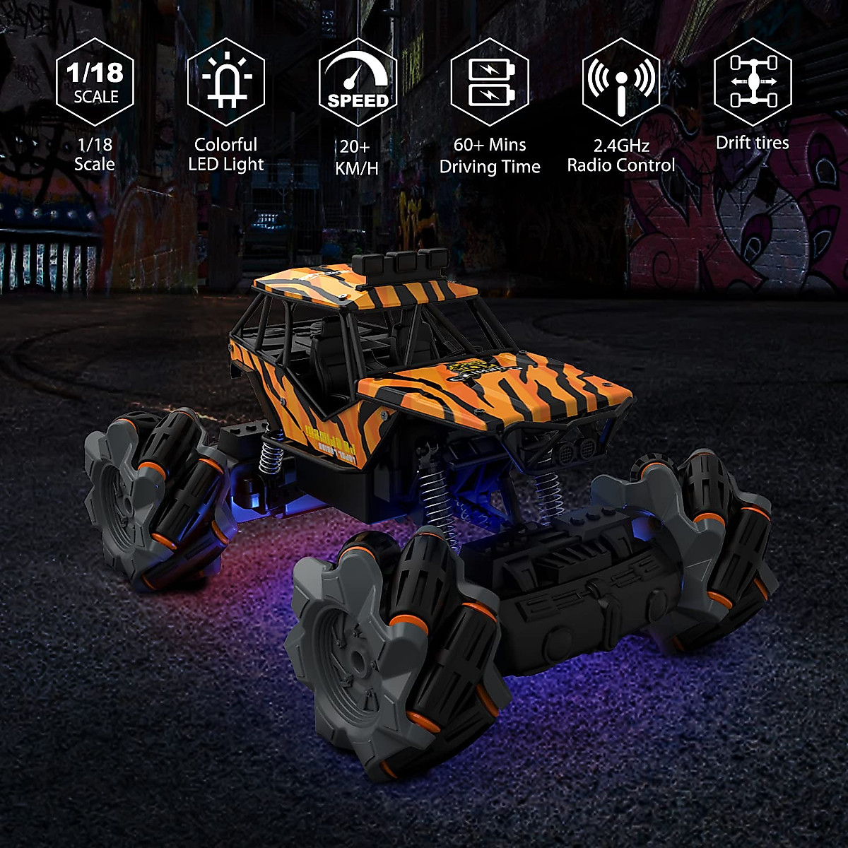 Growsly Remote Control Car Rc Cars, High Speed Monster Trucks for Boys, 1:18 Scale 4WD Toy Trucks, 2.4Ghz All Terrain Off Road Rc Rock Crawler with 2 Rechargeable Batteries and Led Lights