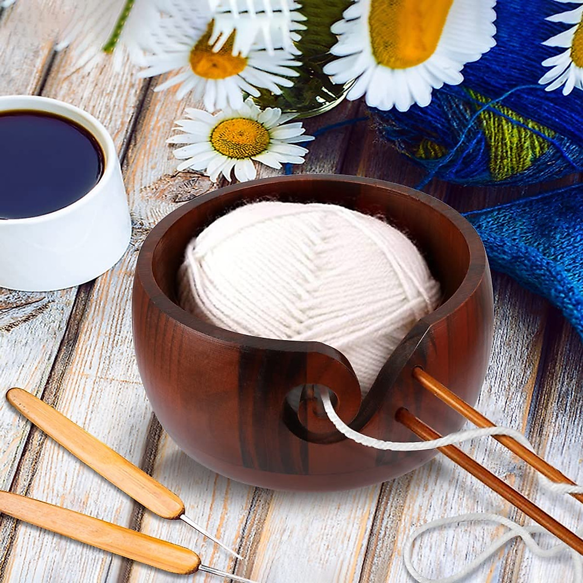 LucyPhy Wooden Yarn Bowl 6.7 x 3.2inch Handmade Craft Knitting Bowl Wool Storage Basket with Carved Holes & Drills for DIY Knitting Crocheting Accessories(Brown Color)