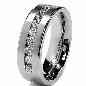 Metal Masters 8 MM Men's Titanium Ring Wedding Band with 9 Large Channel Set Cubic Zirconia CZ Size 12
